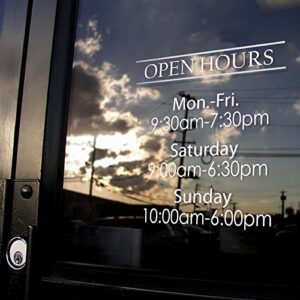 custom business hours window decal - 10.5"x13.5" or 14"x18" - vinyl custom lettering, glass door sign - free squeegee - easy install manual