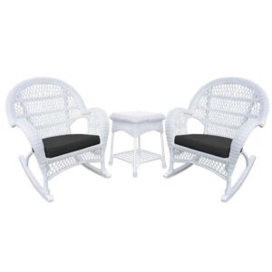 jeco 3 piece santa maria rocker wicker chair set with black cushions, white