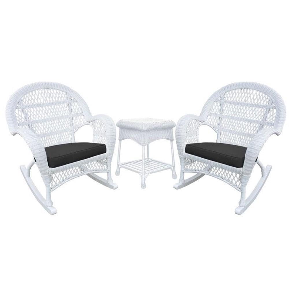 Jeco 3 Piece Santa Maria Rocker Wicker Chair Set with Black Cushions, White