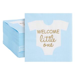 blue panda 100-pack “welcome little one” baby shower napkins for boys - gold foil gender reveal decorations - light blue (5x5 in) - welcome little one napkins - baby boy napkins