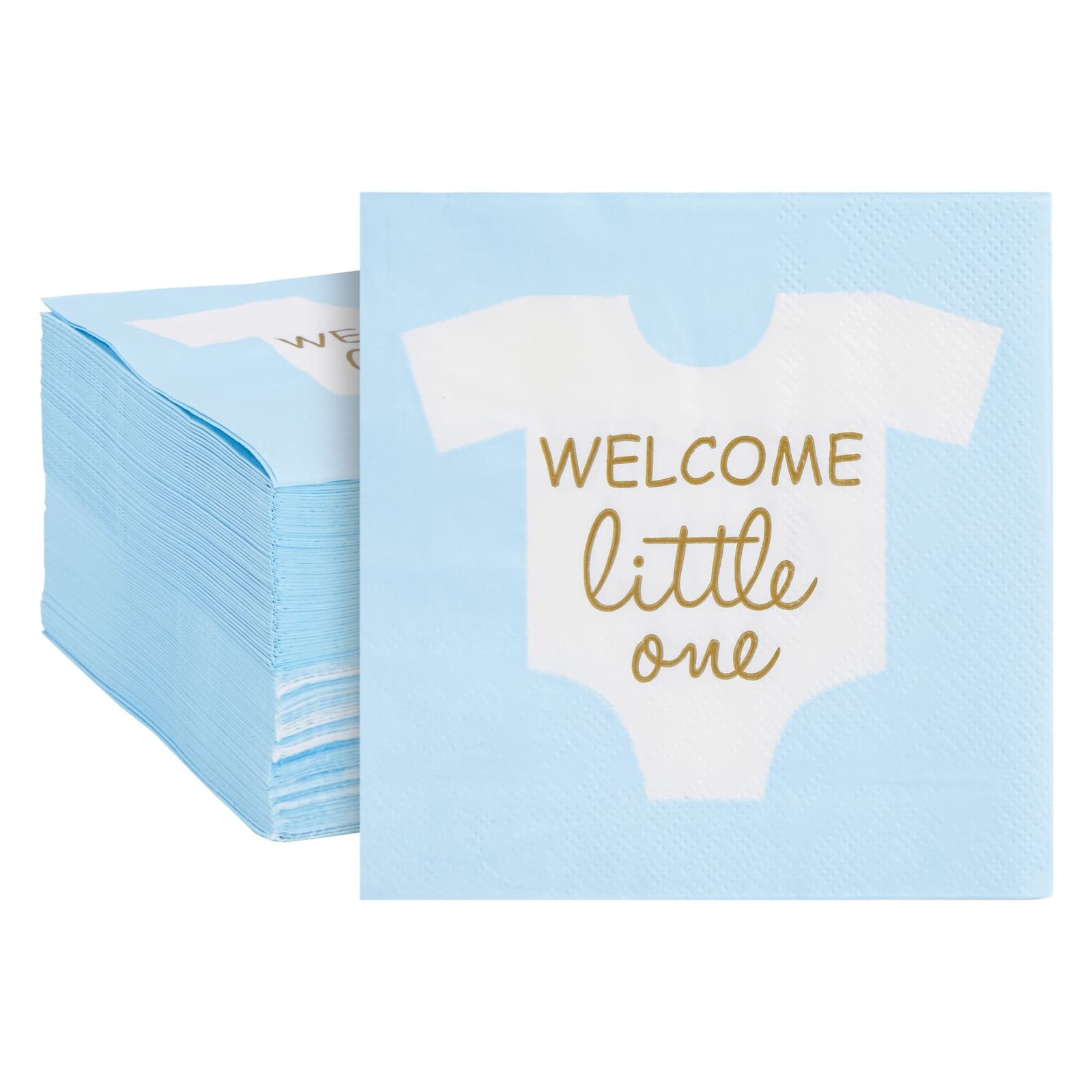 BLUE PANDA 100-Pack “Welcome Little One” Baby Shower Napkins for Boys - Gold Foil Gender Reveal Decorations - Light Blue (5x5 In) - Welcome Little One Napkins - Baby Boy Napkins