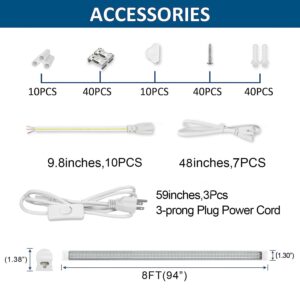 JESLED 10-Pack 8FT LED Shop Light Fixture, 90W 12000LM 6500K LED Tube Lights T8 Integrated, Linkable, Plug and Play, High Output, D Shape 3 Rows 300 Degree Lighting for Garage, Workshop