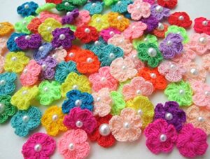 icrafy 's brand 20 pcs. assorted tiny crochet flower with pearl fabric cotton satin craft sewing appliques diy diameter 12 mm.