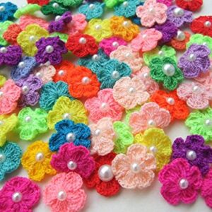 ICRAFY 's Brand 20 Pcs. Assorted Tiny Crochet Flower with Pearl Fabric Cotton Satin Craft Sewing Appliques DIY Diameter 12 mm.