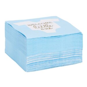 BLUE PANDA 100-Pack “Welcome Little One” Baby Shower Napkins for Boys - Gold Foil Gender Reveal Decorations - Light Blue (5x5 In) - Welcome Little One Napkins - Baby Boy Napkins