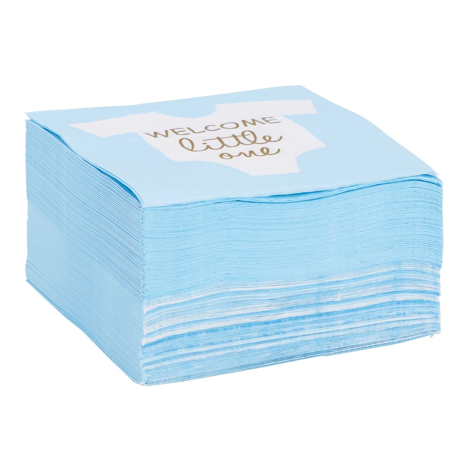 BLUE PANDA 100-Pack “Welcome Little One” Baby Shower Napkins for Boys - Gold Foil Gender Reveal Decorations - Light Blue (5x5 In) - Welcome Little One Napkins - Baby Boy Napkins