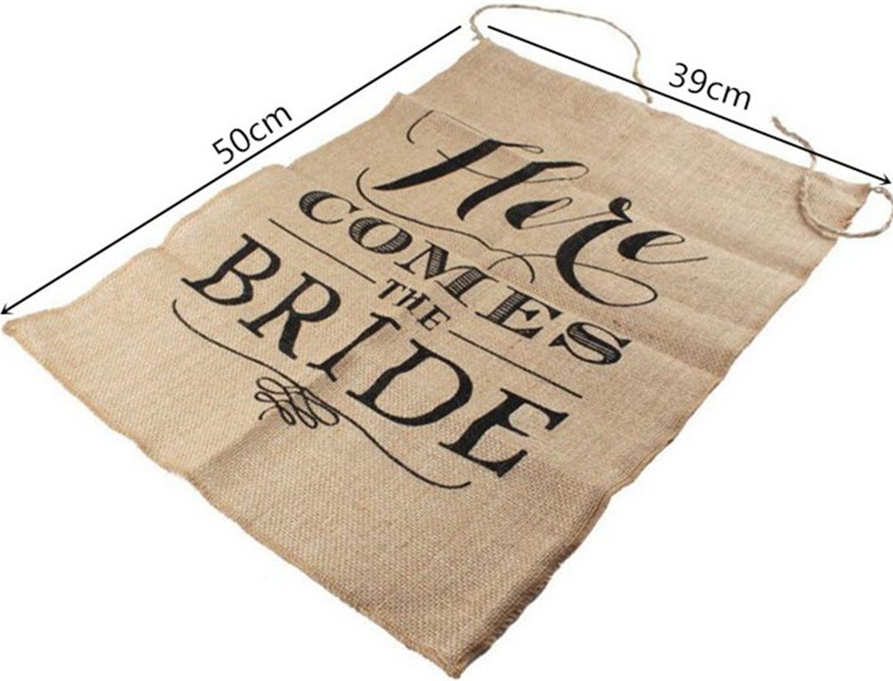 OZXCHIXU 'HERE Comes The Bride' Burlap Bunting Banners for Wedding Backdrop Decoration, 1pc Flags