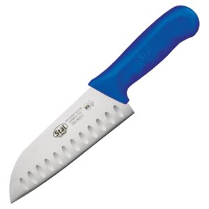 winco kwp-70u stäl stamped cutlery santoku knife 7" stainless steel blade, hollow granton edge, blue plastic handle