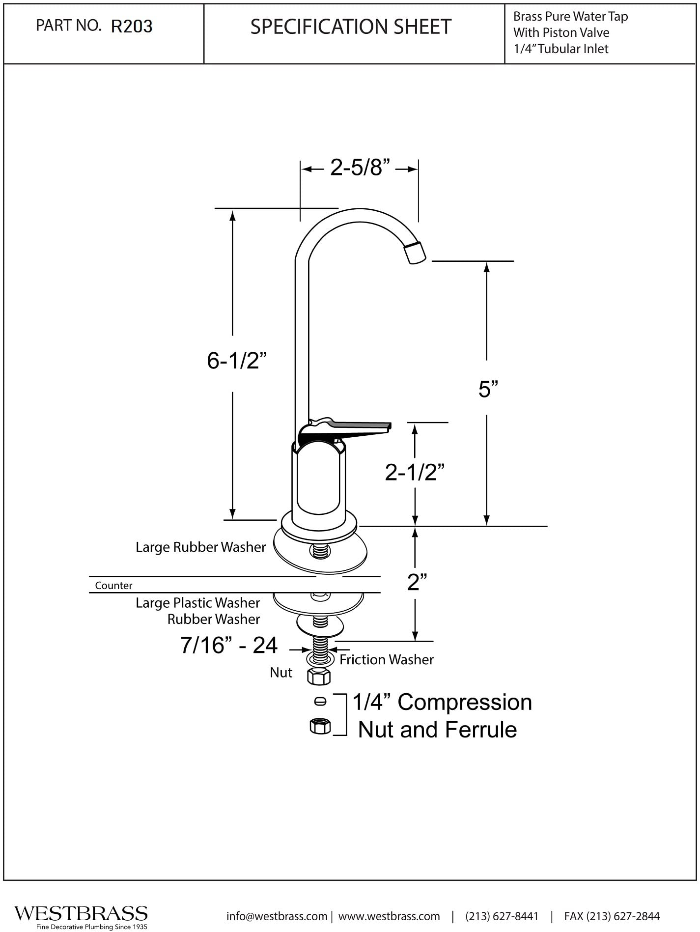 Westbrass R203-NL-26 6" Touch-Flo Style Pure Water Dispenser Faucet, Polished Chroe