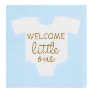 BLUE PANDA 100-Pack “Welcome Little One” Baby Shower Napkins for Boys - Gold Foil Gender Reveal Decorations - Light Blue (5x5 In) - Welcome Little One Napkins - Baby Boy Napkins