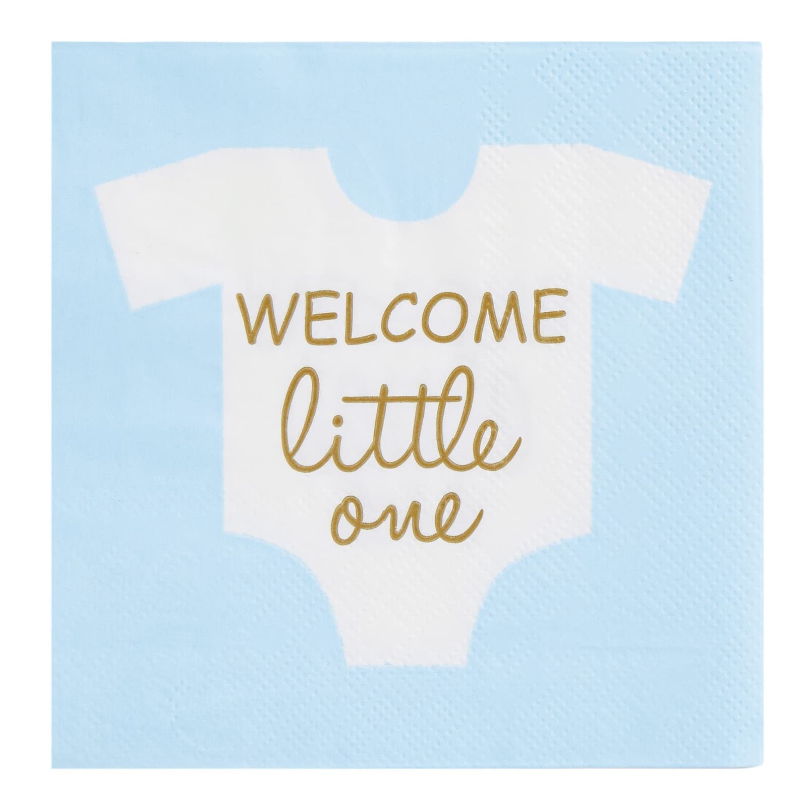 BLUE PANDA 100-Pack “Welcome Little One” Baby Shower Napkins for Boys - Gold Foil Gender Reveal Decorations - Light Blue (5x5 In) - Welcome Little One Napkins - Baby Boy Napkins