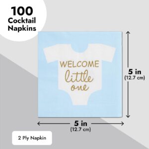 BLUE PANDA 100-Pack “Welcome Little One” Baby Shower Napkins for Boys - Gold Foil Gender Reveal Decorations - Light Blue (5x5 In) - Welcome Little One Napkins - Baby Boy Napkins