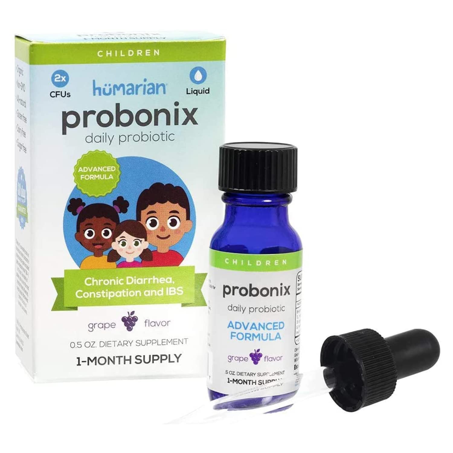 Humarian Probonix Advanced Probiotics for Kids - Extra-Strength 8-Strain Liquid Probiotic for Kids to Fortify Digestive Health and More - 90 Billion CFUs - 30-Day Supply - Tasty Grape Flavor