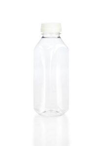 (6) 16 oz. clear food grade square plastic juice bottles with white tamper evident caps 6/pack