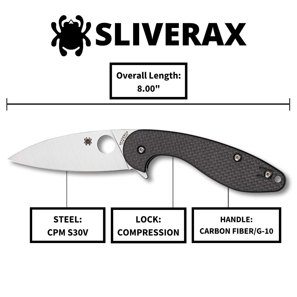 Spyderco Sliverax Premium Flipper Knife with 3.48" CPM S30V Stainless Steel Blade and Carbon Fiber G-10 Handle - PlainEdge - C228CFP