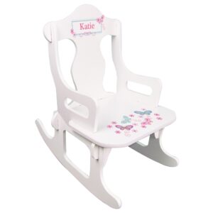 my bambino personalized white puzzler rocking chair with aqua butterflies design