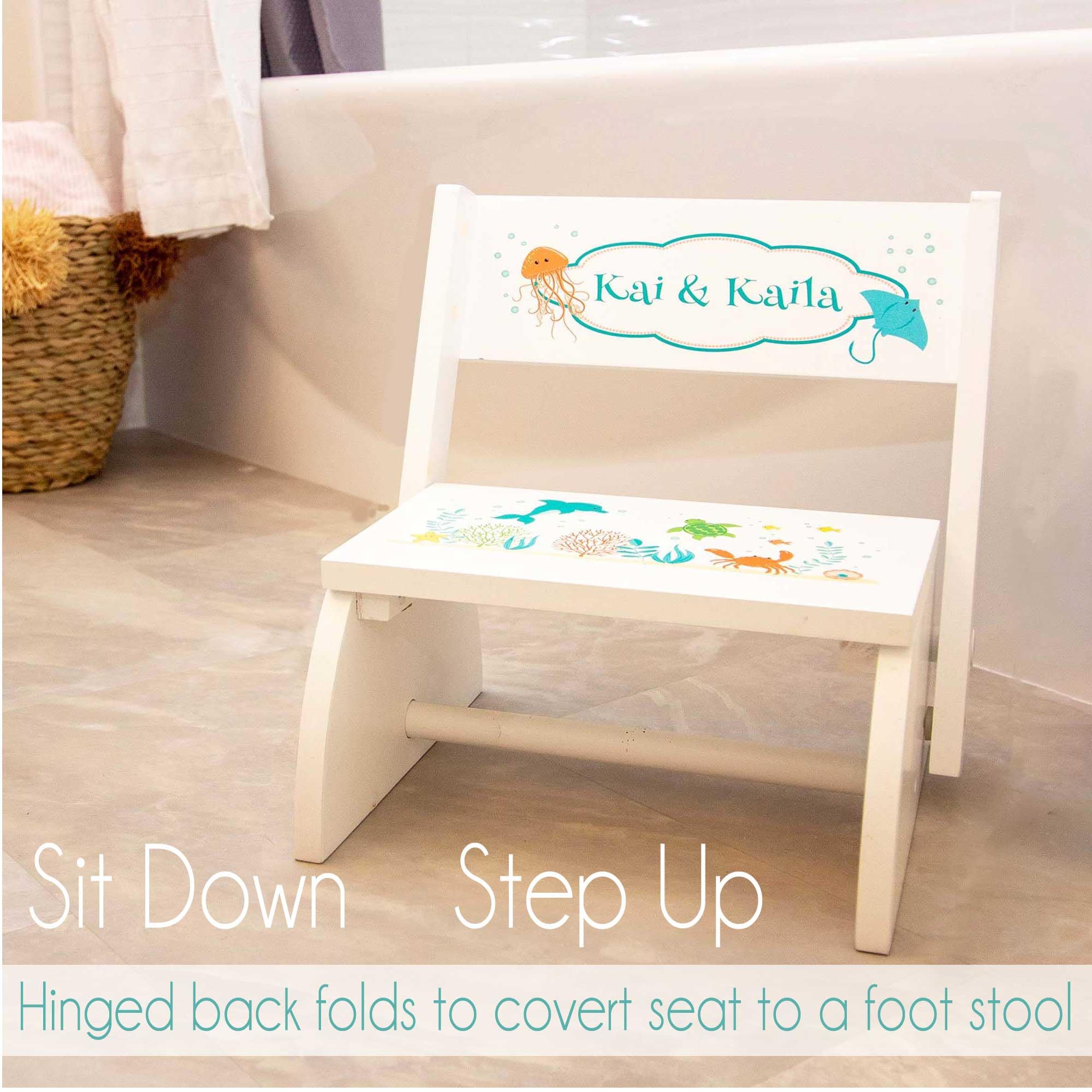 My Bambino Personalized White Flip and Step Stool Bench Seat with Aqua Butterflies Design