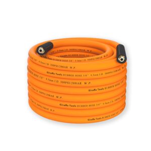 giraffe tools air hose, 3/8 inch x 50 ft air compressor hose, 1/4 in. mnpt fittings, hybrid 300 psi, kink resistant, lightweight lead-in air hose, all-weather flexibility, orange