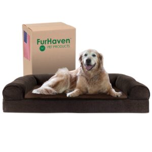 furhaven cooling gel dog bed for large dogs w/ removable bolsters & washable cover, for dogs up to 95 lbs - sherpa & chenille sofa - coffee, jumbo/xl