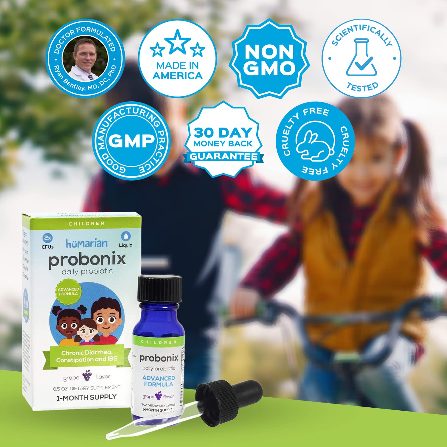 Humarian Probonix Advanced Probiotics for Kids - Extra-Strength 8-Strain Liquid Probiotic for Kids to Fortify Digestive Health and More - 90 Billion CFUs - 30-Day Supply - Tasty Grape Flavor