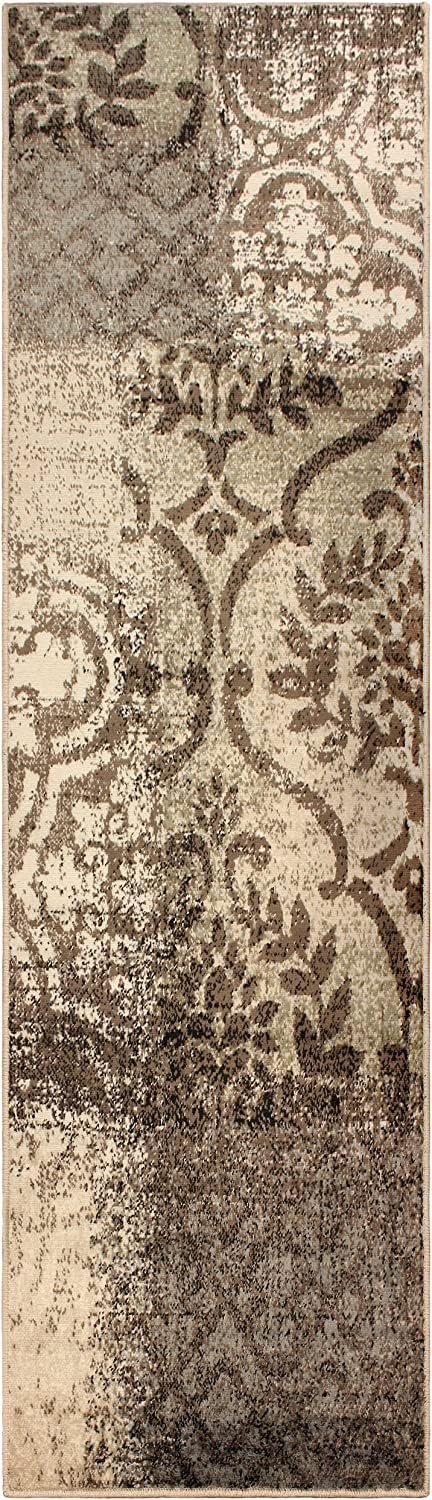 Superior Bristol Collection Area Rug, 8mm Pile Height with Jute Backing, Chic Geometric Damask Patchwork Design, Fashionable and Affordable Woven Rugs - 2'7" x 8' Runner, Beige & Brown