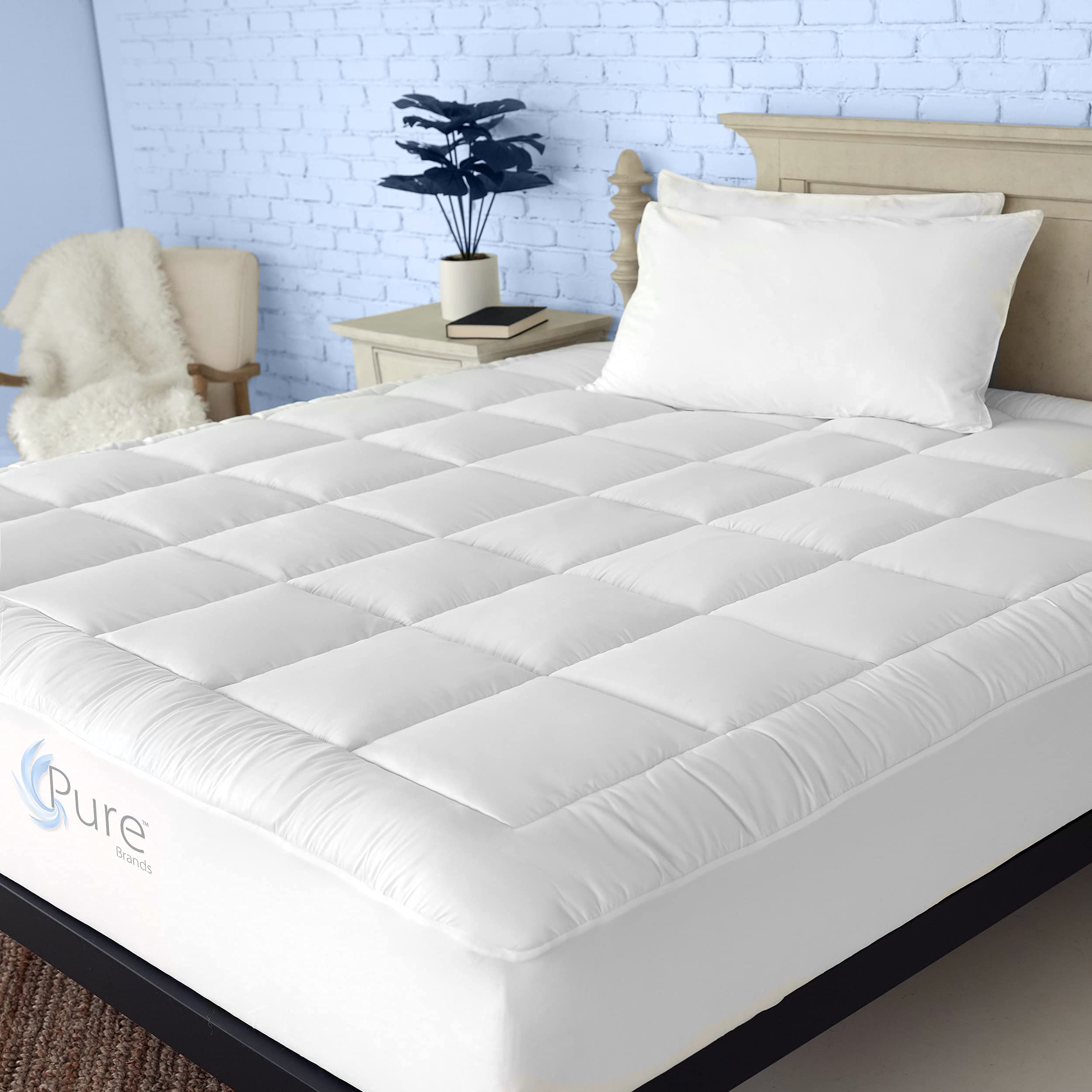 Pure Brands Queen Mattress Topper and Pad Cover Extra Thick Luxury Down Alternative Pillow Top Cooling Bed Topper Ultra Plush and Hypoallergenic Mattress Protector 18 Inch Deep Pocket