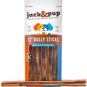 Jack&Pup Thick Bully Sticks 12 Inch Premium Dog Bully Sticks for Large Dogs Aggressive Chewers - All Natural Bully Sticks Odor Free 12" Large Bully Sticks, Long Lasting Dog Chews Bully Stick (5 Pack)