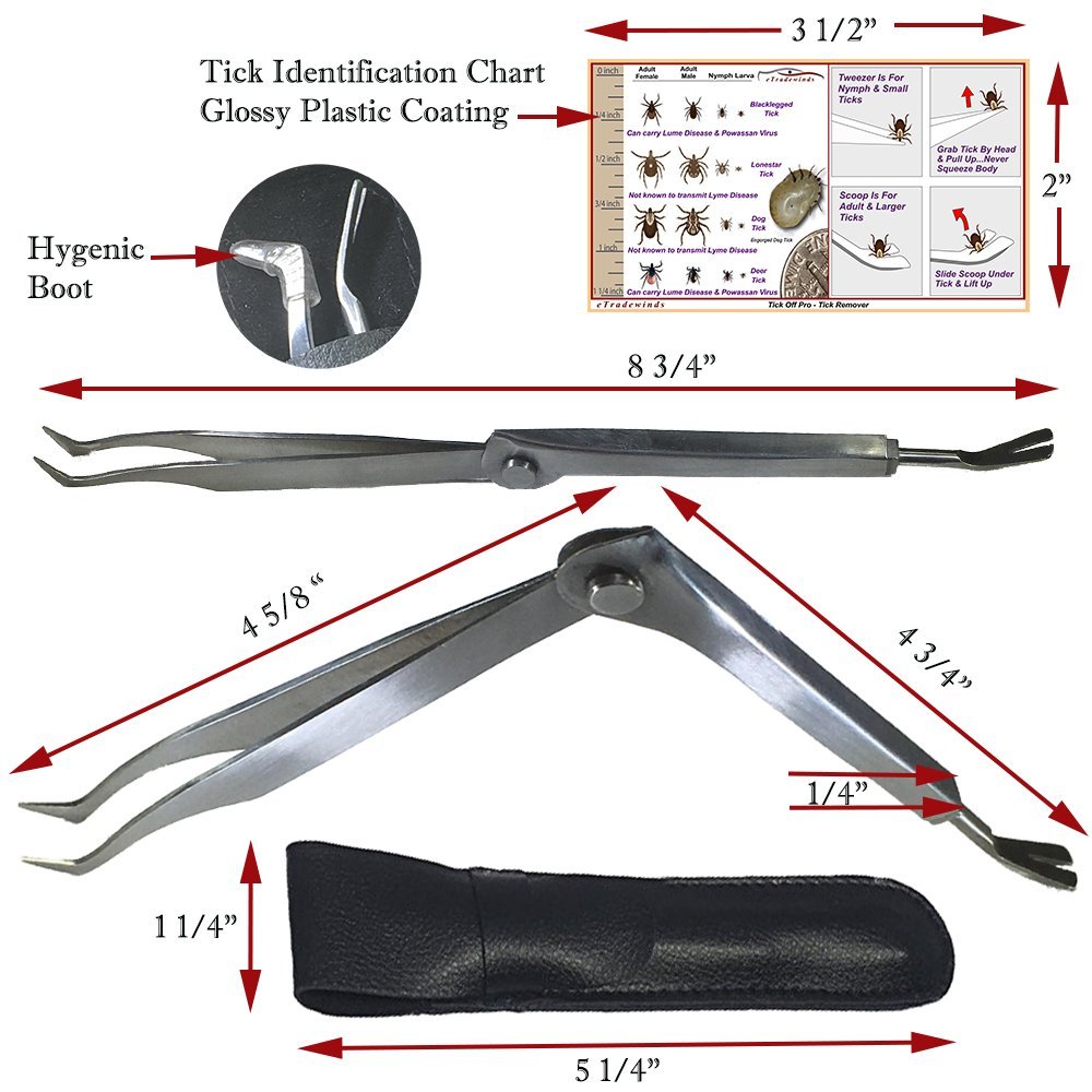 eTradewinds Tick Remover Tool Kit Tweezers & Tick Identifier Card - Hygienic All Stainless Steel Tick Removal Instrument Ideal for Human, Dog, Cat & General Pet Tick Puller w/Leather Case