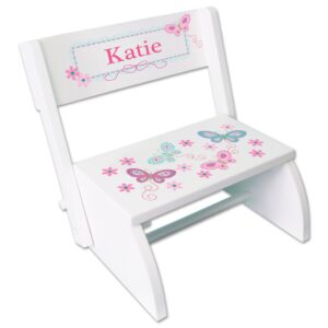 my bambino personalized white flip and step stool bench seat with aqua butterflies design