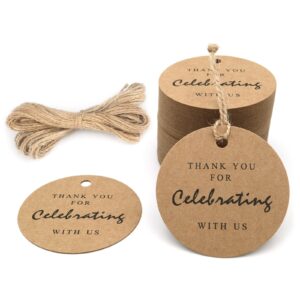 g2plus thank you for celebrating with us tags, 2.2'' original design kraft paper gift tag,100 pcs thank you present tags with string for gift wrap,wedding,baby shower, holiday party favor (brown)