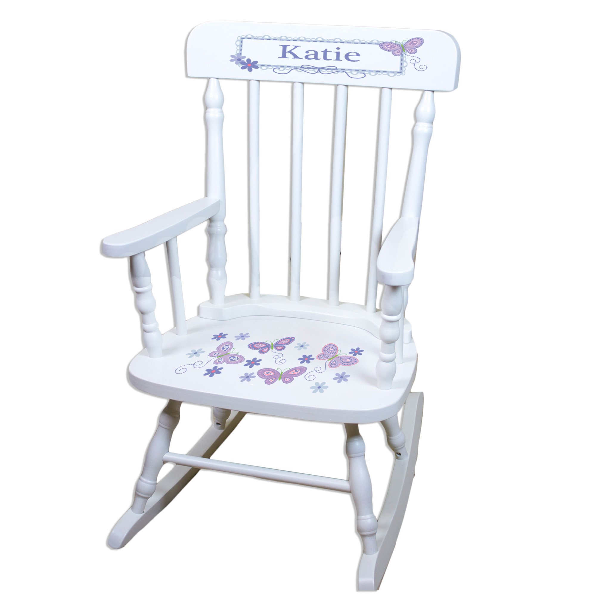 My Bambino Girl's Personalized White Wood Rocking Chair Toddler Baby Gift (Lavender Butterfly)