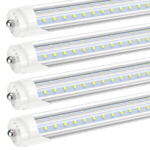 jesled t8 t10 t12 8ft led light bulbs, single pin fa8 base, 8 foot led fluorescent tube replacement, 50w 6000lm, 5000k super bright, v shape, etl listed, ballast bypass, garage shop lights (4-pack)