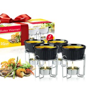 artestia butter warmers for seafood set of 4, ceramic candle warmer, melted butter cups for lobster, personal fondue set melted butter cups for seafood, fondue(black)