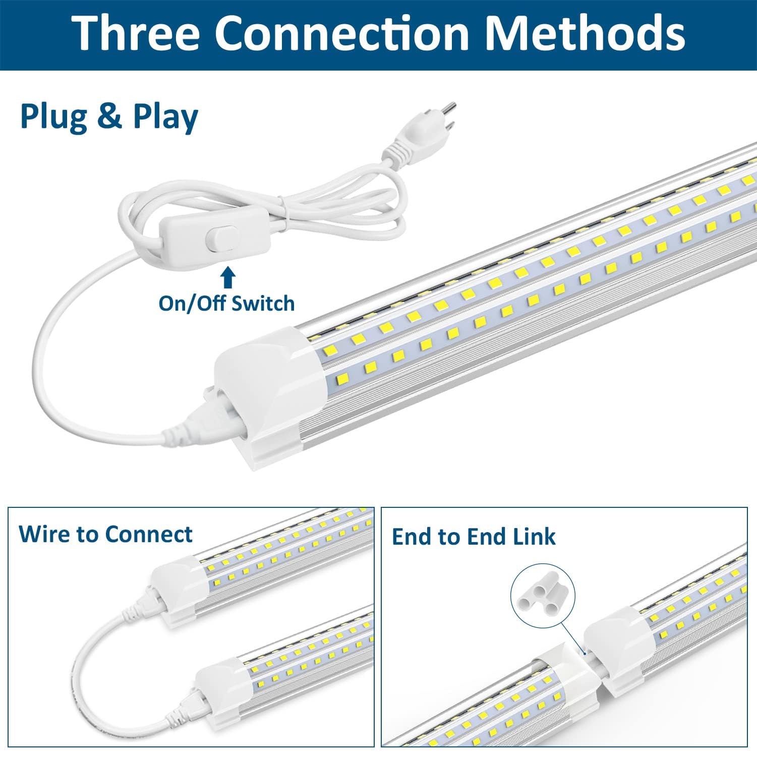 JESLED 10-Pack 8FT LED Shop Light Fixture, 90W 12000LM 6500K LED Tube Lights T8 Integrated, Linkable, Plug and Play, High Output, D Shape 3 Rows 300 Degree Lighting for Garage, Workshop