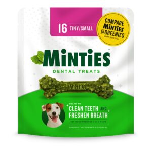 minties dental chews for dogs, 16 count, vet-recommended mint-flavored dental treats for tiny/small dogs 5-24 lbs, dental bones clean teeth, fight bad breath, and removes plaque and tartar