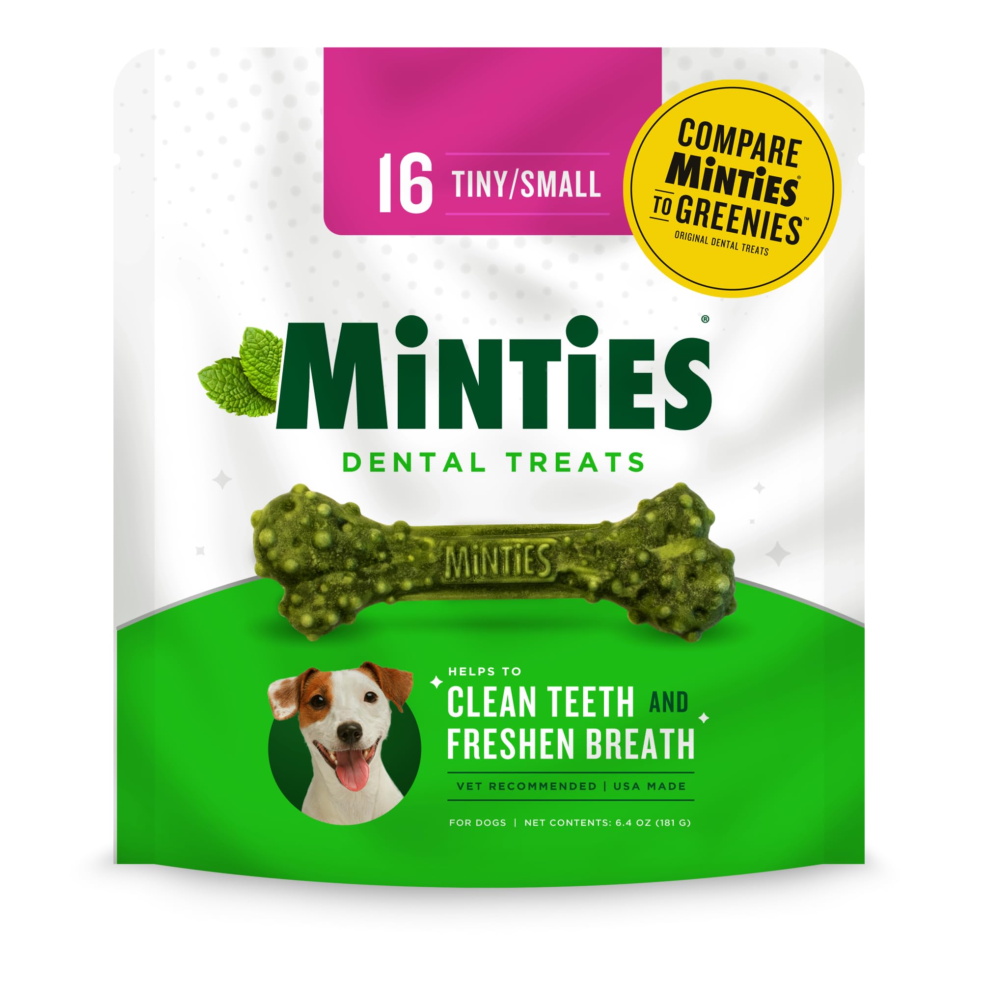 Minties Dental Chews for Dogs, 16 Count, Vet-Recommended Mint-Flavored Dental Treats for Tiny/Small Dogs 5-24 lbs, Dental Bones Clean Teeth, Fight Bad Breath, and Removes Plaque and Tartar