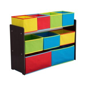 delta children deluxe multi-bin toy organizer with storage bins, dark chocolate/primary colored bins