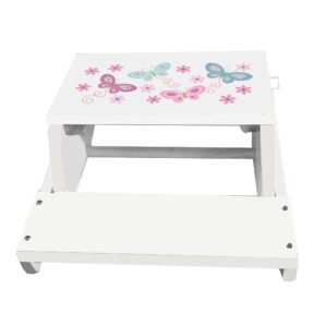 My Bambino Personalized White Flip and Step Stool Bench Seat with Aqua Butterflies Design