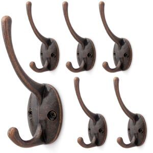 wall mounted coat and hat hook dual robe hanger 1" wide small double prong hook, 6 pieces, black