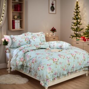 fadfay shabby floarl cotton bedding set queen 4-pieces light blue hydrangea print duvet cover set with bedskirt french country style with ruffle -1 duvet cover, 1 bedskirt, 2 pillowshams