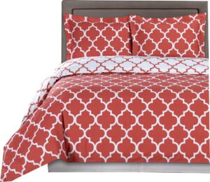 8 pieces meridian coral with white full size bed in a bag set include: 3pc duvet cover set + 4pc sheet set+ 1pc down alternative comforter