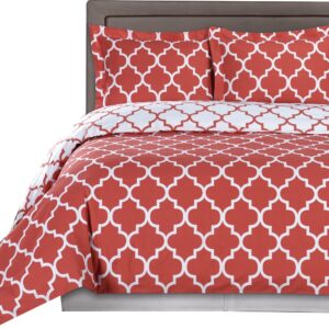 8 Pieces Meridian Coral with White Full Size Bed in a Bag Set Include: 3pc Duvet Cover Set + 4pc Sheet Set+ 1pc Down Alternative Comforter