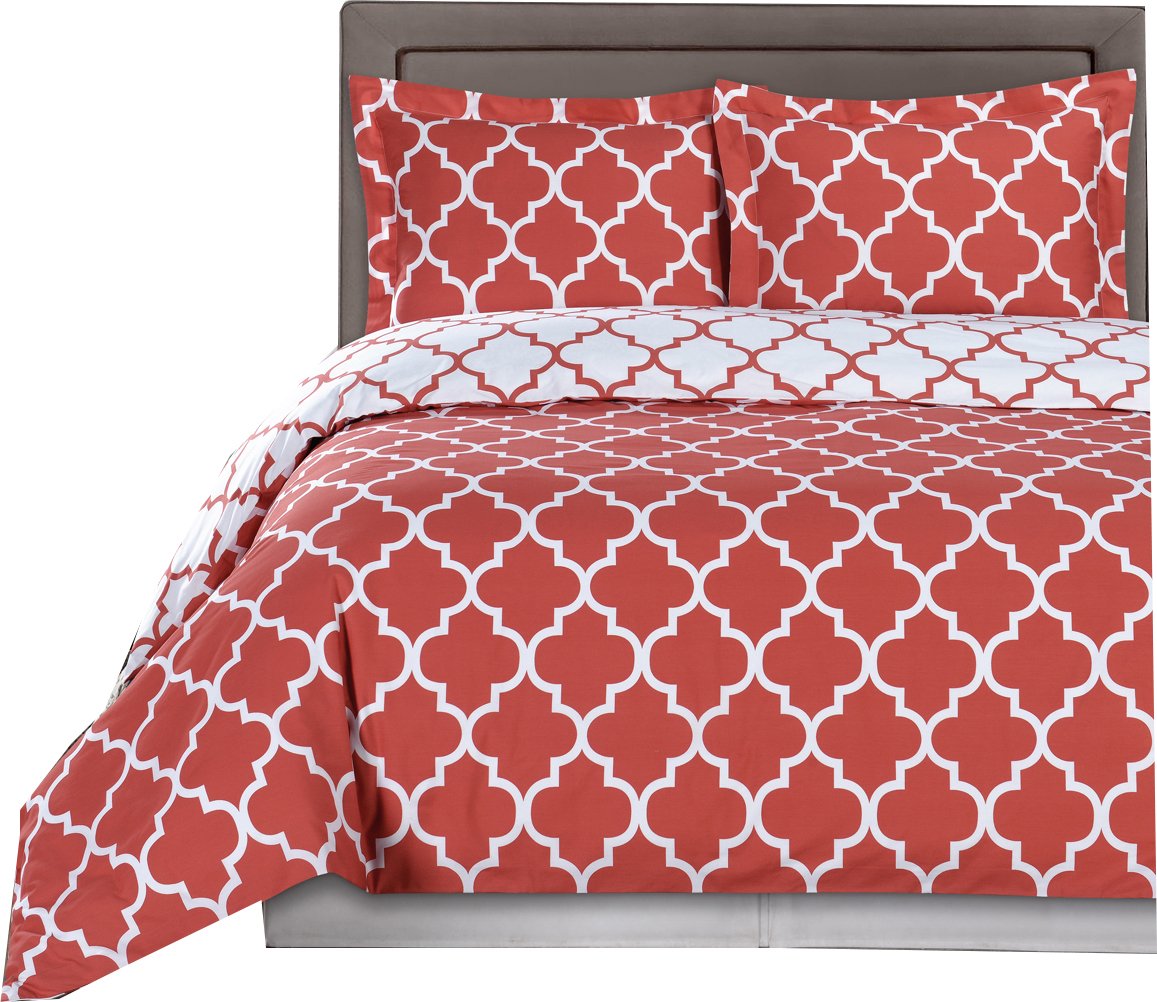 8 Pieces Meridian Coral with White Full Size Bed in a Bag Set Include: 3pc Duvet Cover Set + 4pc Sheet Set+ 1pc Down Alternative Comforter