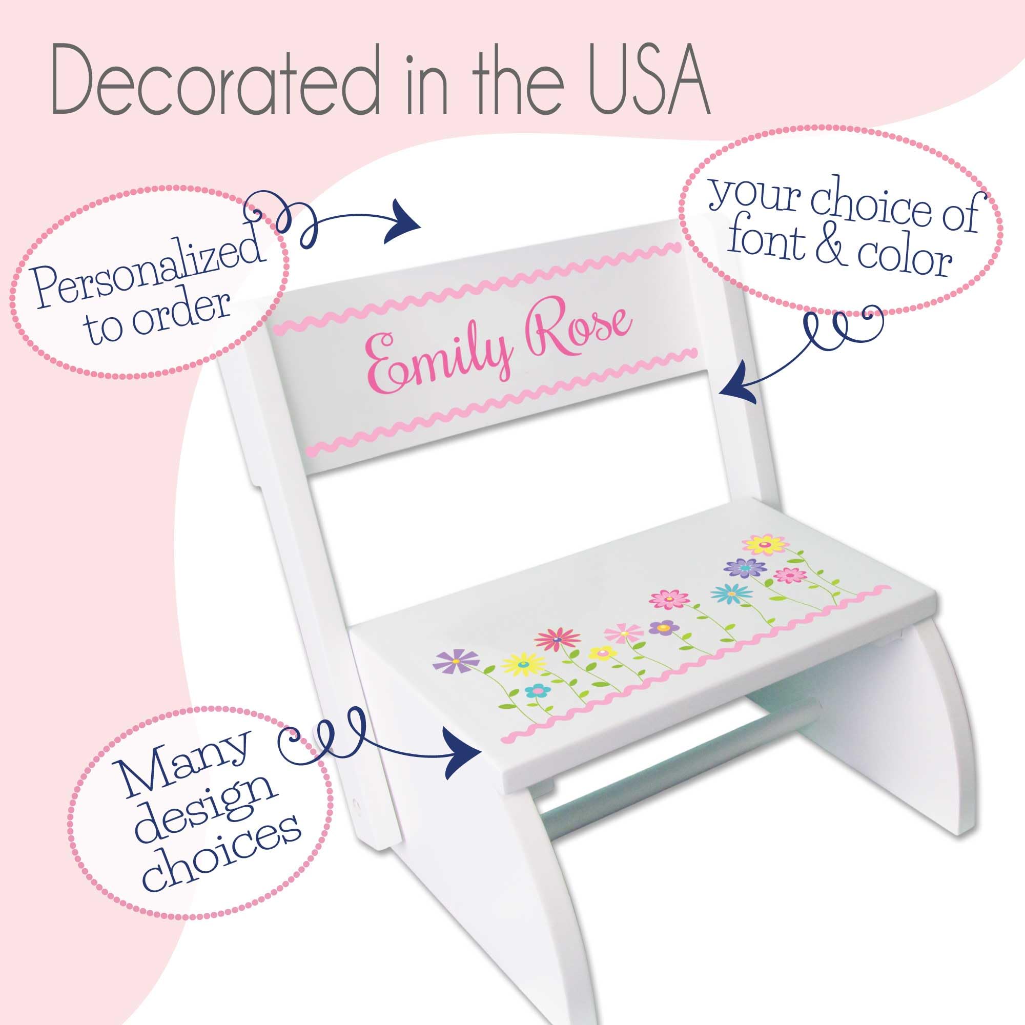 My Bambino Personalized White Flip and Step Stool Bench Seat with Aqua Butterflies Design