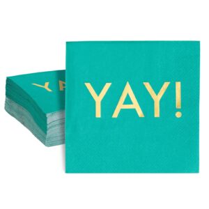 blue panda 50 pack teal paper napkins with gold foil yay for party supplies (3-ply, 5 x 5 inches)