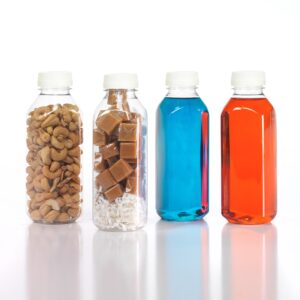 (6) 16 oz. Clear Food Grade Square Plastic Juice Bottles with White Tamper Evident Caps 6/pack