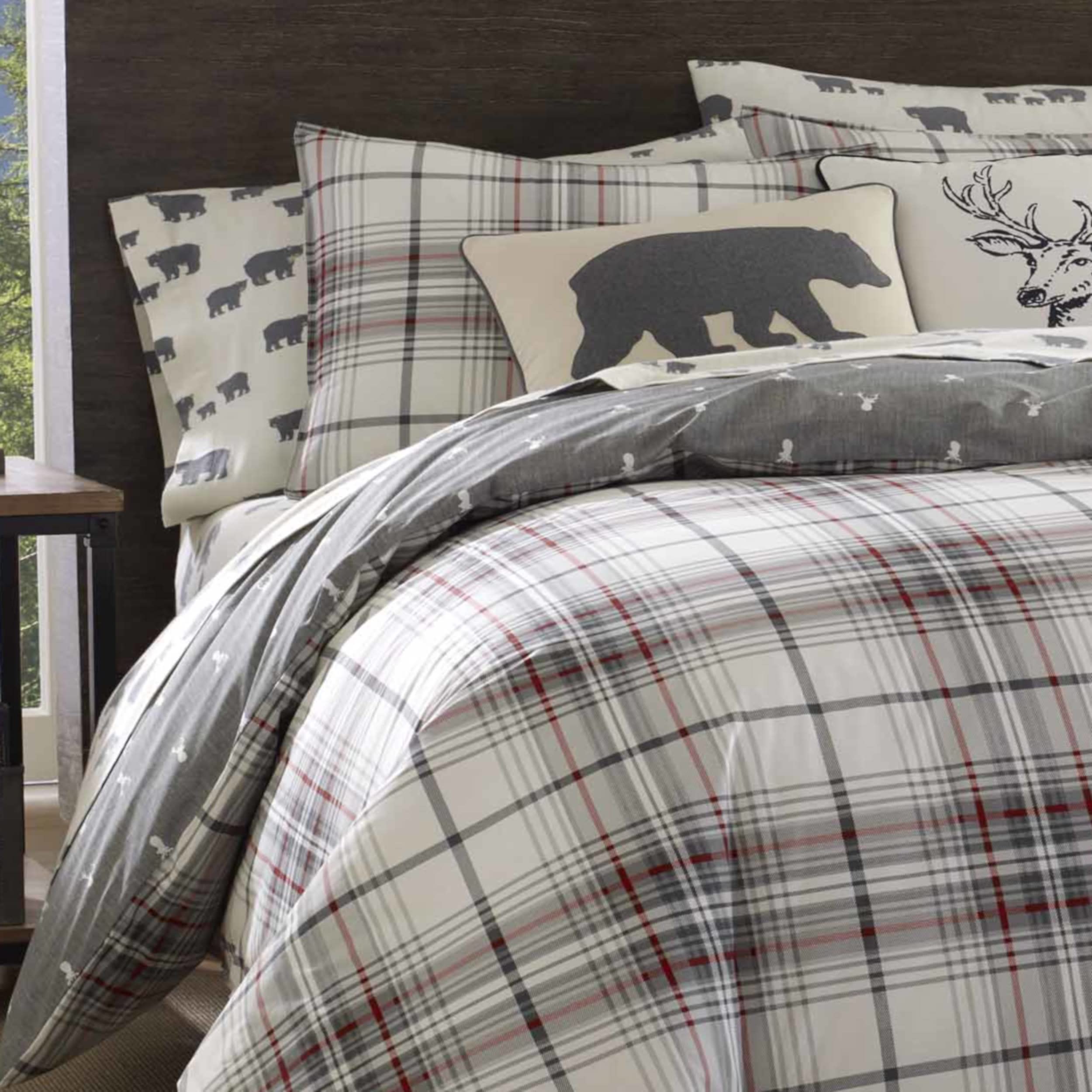 Eddie Bauer - King Duvet Cover Set, Cotton Reversible Bedding with Matching Shams, Plaid Home Decor for All Seasons (Alder Charcoal/Red, King)