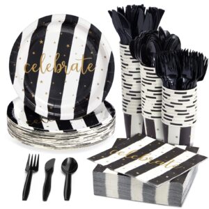 juvale 144 piece black and white party supplies - serves 24 striped celebrate plates, napkins, cups and cutlery set for birthday, graduation