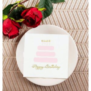 BLUE PANDA 50 Pack Light Pink Happy Birthday Cocktail Napkins for Women with Gold Foil Accents, 3-Ply (5 x 5 Inches)