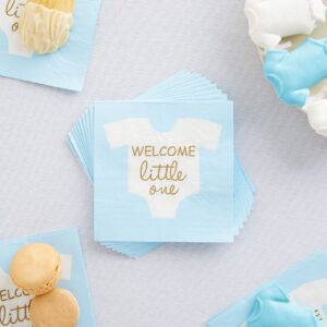 BLUE PANDA 100-Pack “Welcome Little One” Baby Shower Napkins for Boys - Gold Foil Gender Reveal Decorations - Light Blue (5x5 In) - Welcome Little One Napkins - Baby Boy Napkins